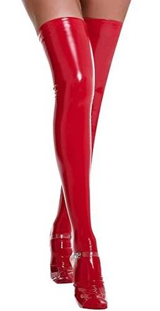 Feoya Bas Autofixants Bas de Chaussettes Latex Mouill&eacute; Longue Femme Bas Jarreti&egrave;res Collants En Faux Cuir Brillant Rouge M