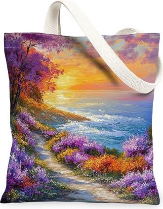 Generic Sac fourre-tout en toile lilas printanier pour le shopping, 33 x 38,1 cm, motif floral, arbre de mer, sac d&eacute;picerie r&eacute;utilisable pour femme, peinture 
