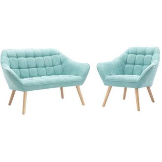 Vente-Unique Vente-Unique - Canap&eacute; droit 2 places et fauteuil en tissu vert deau - Matelass&eacute; - Pi&eacute;tement en bois - Charge max 240 kg - Dimensions canap&eacute;