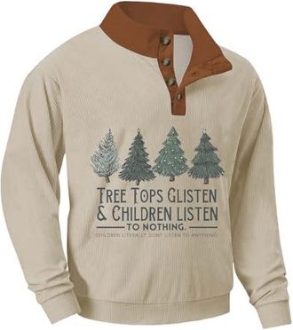 Generic Pull de Noël en velours côtelé pour homme - Chemise fantaisie amusante - Arbre de Noël - Flocons de neige - Pull à boutons de Noël - Pull à col rond -