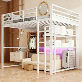 Generic Wei&szlig;es Metall-Zwischengeschoss-Bett 140x200 - Integrierte LED-Beleuchtung, Schreibtisch, Schublade, Regale und Gel&auml;nder (ohne Matratze)