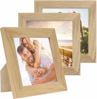 Photolini Bilderrahmen 15x15 cm Eiche Massivholz, breite Rahmen, 3er Set, modern, bruchsicheres Acrylglas, zum Aufhängen & Aufstellen, extra Zubehör - für Ihre 