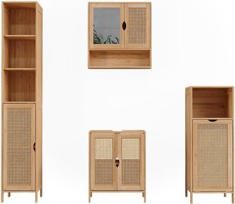 Vicco Badm&ouml;bel-Set Bambus Liora, bestehend aus Badspiegelschrank, Waschbeckenunterschrank, Midischrank, Hochschrank - Viel Stauraum Oben und unten
