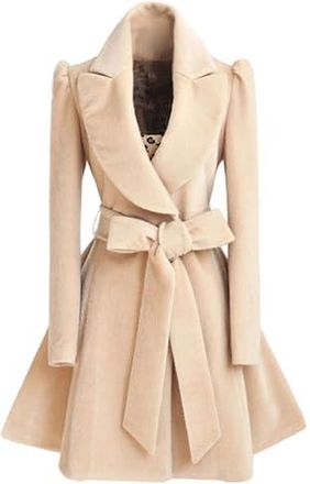 Generic Manteaux &eacute;l&eacute;gants pour femmes, manteau long &agrave; revers crant&eacute;s et ceinture, robe dhiver, caban avec poches, couleur abricot, grande taille