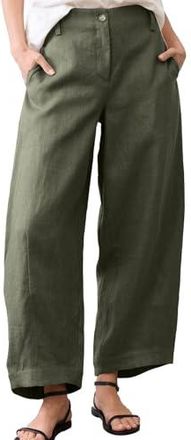 Generic Pantalon d&eacute;t&eacute; &agrave; jambe large pour femme - Taille haute - En lin - L&eacute;ger - Jambe droite - Pour affaires, bureau, travail, palazzo - Braguette &agrave; boutons 