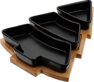 Luxshiny Weihnachtsbaumf&ouml;rmige Platte Snacks Servierplatte Keramik Geteilt Servierplatte mit Holz Weihnachtsbaum Teller f&uuml;r Winterurlaub Party Tischdekor Schwa