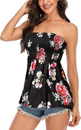 Onsoyours Femmes Bustier Bandeau Tops Sexy Été Tunique sans Manches Vest T-Shirt Floral Debardeur Ample Chemise sans Bretelle Haut Dos Nu Blouse B Style 03 XL