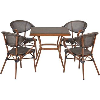 Beliani Gartenm&ouml;bel Set Grau u. Dunkelbraun Aluminium Tisch 80 x 80 cm Quadratisch Sicherheitsglas Mit 4 St&uuml;hlen Grau Textil Outdoor Terrassenm&ouml;bel