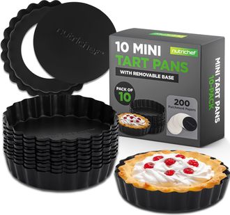 Nutrichef Tarteform Set - 10 Mini Tartelette F&ouml;rmchen &Oslash;10 cm mit Hebeboden aus Carbonstahl Antihaft Backform Rund, Inkl. 200 Backpapier Rund, Quicheform Sp&uuml;lmas