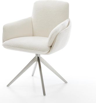 DELIFE Drehstuhl Luan-Flex mit Armlehnen Boucl&eacute; Soft Beige Kreuzgestell breit Edelstahl 360&deg; drehbar Wippfunktion, Esszimmerst&uuml;hle