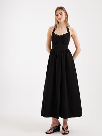 New Look Neckholder-Midikleid aus Bengaline in Schwarz mit Spitzenborte