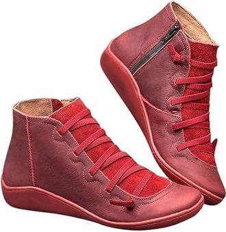 Generic Bottines &agrave; talons bas tendance &agrave; lacets et fermeture &eacute;clair pour femme - Style d&eacute;contract&eacute; - En cuir vintage - Pour lautomne et lhiver - Chaussures ro