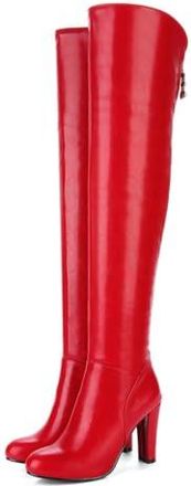Generic Rouge,36 EU,Bottes Hautes pour Femmes, Bout Pointu, Talons épais, Fermeture éclair Double sur Le côté et à larrière, Bottes Hautes en Cuir PU, Bottes 