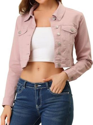 Allegra K Femmes Veste court en Jean Blouson en Denim Classique Boutonn&eacute;e &agrave; Manches Longues Rose M