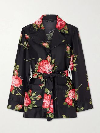 Dolce & Gabbana Hemd Aus Seiden-twill Mit Blumenprint Und Bindeg&uuml;rtel - Schwarz