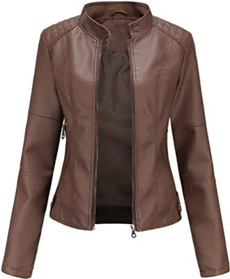 Onsoyours Blouson Femme Veste en Cuir Faux Simili Manches Longues Blouson Fermeture Éclair Biker Manteau Slim Fit Bombers Moto Jacket Chaud Casual C Caffè 3XL