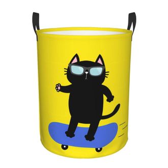 Generic Katze Auf Skateboard W&auml;schek&ouml;rbe Rund W&auml;schekorb Wasserdichter W&auml;schetonne F&uuml;r Kuscheltier Badezimmer Schlafzimmer