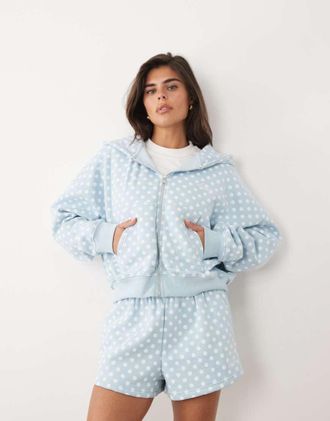KAIIA Oversize-Kapuzenpullover in Babyblau mit Polka Dots, hohem Baumwollanteil, Rei&szlig;verschluss und Logo-Stickerei, Kombiteil