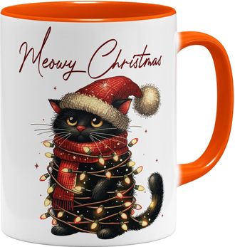 OM3 Meowy Christmas Kaffee-Tasse mit s&uuml;&szlig;em K&auml;tzchen - Weihnachtstasse Katze - Keramik Becher - 325ml - Beidseitig Bedruckt - Orange