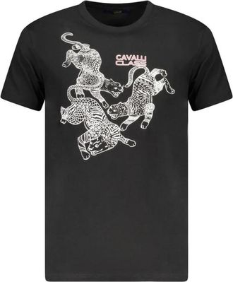 Cavalli Schwarzes Leoparden Grafik Tee f&uuml;r M&auml;nner - - Tops - Herren - Schwarzk - L