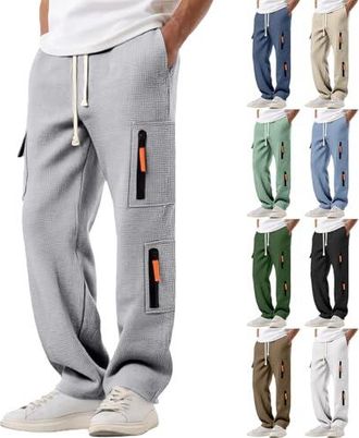 Generic Pantalon gaufr&eacute; pour homme, pantalon d&eacute;contract&eacute; pour homme, coupe ample, jambe droite, pantalon cargo avec plusieurs poches, confortable &agrave; taille &eacute;la