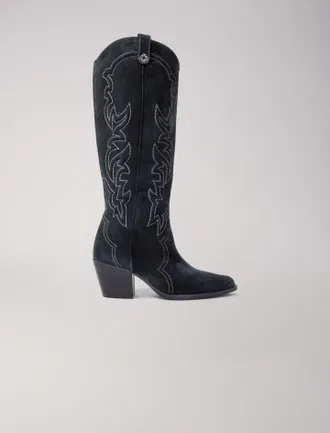 Maje Bottes Santiags En Cuir Su&eacute;d&eacute; - Off Black - Taille 36 - Maje
