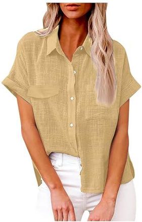 Generic Chemise d&eacute;t&eacute; en coton et lin &agrave; manches courtes pour femme - Tunique d&eacute;contract&eacute;e ample unie - V&ecirc;tements tendance avec poches, jaune, XXL