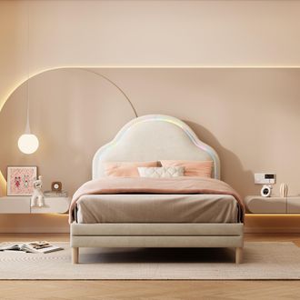 Generic Shye Polsterbett mit Kopfteil in Wolkenform, mit mehrfarbigen, wechselnden LED-Streifen, Kinderbett mit Holzlatten, Einzelbett, Samt, Beige, 90x200cm