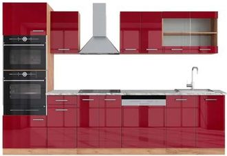 Vicco Cuisine R-Line, Rouge Brillant/Chêne doré, 300cm avec Armoire Haute, PT Marbre