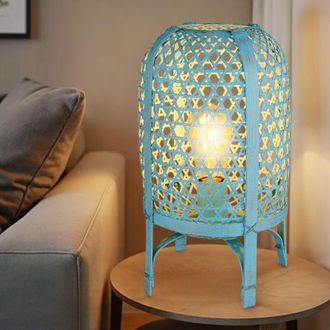 Globo Lighting Tischleuchte Bambus Boho Tischlampe blau Nachttischlampe Schlafzimmer, Metall, 1x E27 Fassung, DxH 22x37 cm
