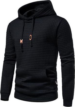 Generic Pull &agrave; capuche pour homme, sweat-shirt &agrave; carreaux gaufr&eacute;s, extensible, d&eacute;contract&eacute;, v&ecirc;tement de sport avec cordon de serrage, coupe ample, couleur uni