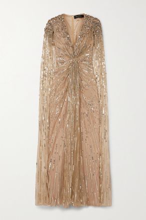 Jenny Packham Robe Du Soir Effet Cape En Tulle &Agrave; Sequins Et &Agrave; Ornements Lotus - Dor&eacute;
