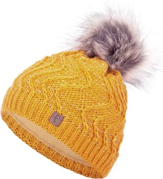 Faera M&uuml;tze Damen Winterm&uuml;tze warm gef&uuml;ttert mit Kunstfell Bommel Bommelm&uuml;tze Fleecefutter Winter Strickm&uuml;tze Beanie, Farbe:Senf