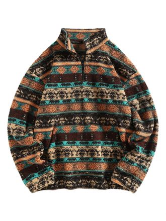 Zaful Herren-Sweatshirt mit 1/4-Rei&szlig;verschluss, Flauschiges Polarfleece, ethnisches Aztekenmuster, Bedruckt, Pullover mit K&auml;ngurutasche, Kapuzenpullover, Fa