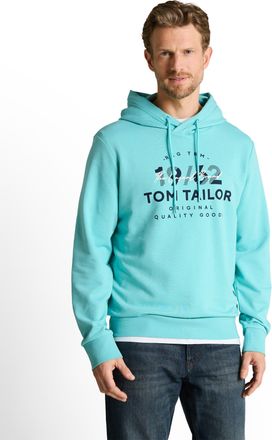 Tom Tailor Kapuzensweatshirt TOM TAILOR, Herren, Gr. M, blau (river teal), Sweatware, Obermaterial: 60% Baumwolle, 40% Polyester, bedruckt, regular fit h&uuml;ftbedec