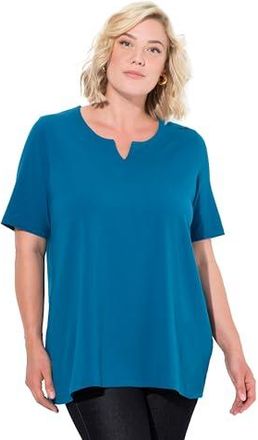 Ulla Popken Femme Grandes Tailles T-Shirt &agrave; Manches Courtes, Coupe &eacute;vas&eacute;e et col Rond Fendu Bleu Vert 54+ 807259768-54+