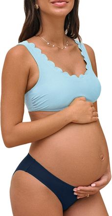 Cupshe Damen Umstandsbadeanzug Bikini Set U Ausschnitt Wellenkante Low Waist Bikini Einteilige Umstandsbademode Swimsuit Himmelblau/Marineblau XL
