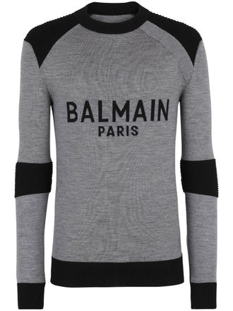 Balmain pull en maille fine &agrave; logo en jacquard - Gris