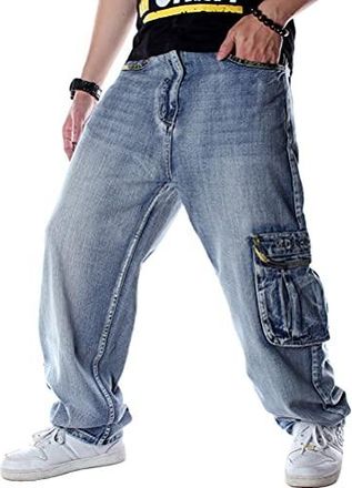 ORANDESIGNE Homme Hip Hop Jeans Style Hipster Graffitis Impression Baggy Jeans Urbain Skate Denim Pantalons L&acirc;che Fit Jambe Droite Cargo Pantalon R&eacute;tro Broderie K