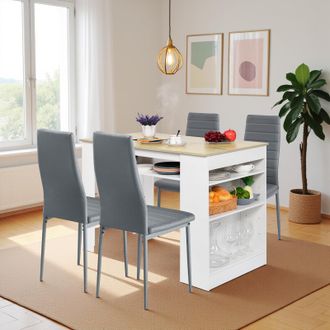 Eggree Esstisch mit 4 St&uuml;hlen Essgruppe, Bartisch Set, Schreibtisch mit AC-Steckdosen und USB-Anschl&uuml;ssen, 111cm K&uuml;chentisch mit 4 Ablagen f&uuml;r Wohnzimmer, K&uuml;