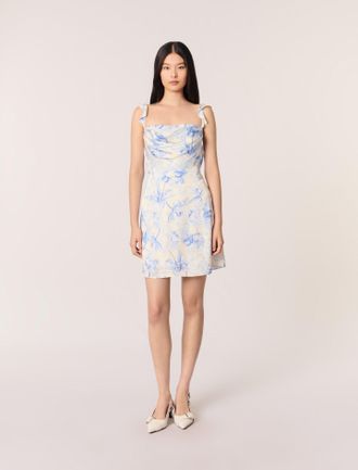 Maje Kurzes Bedrucktes Kleid - Imprime Fleur Bleue Fond Ecru - Gr&ouml;&szlig;e 38 - Maje