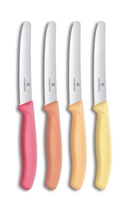 Victorinox by Swiss Army Swiss Classic Fr&uuml;hst&uuml;cksmesser, Br&ouml;tchenmesser, Set 4teilig, Scharfe Klinge, Wellenschliff, 11 cm, Rostfreier Stahl, Pink, Orange und Gelb