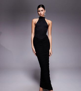 KAIIA Exclusivit&eacute; - Kaiia - Robe longue et moulante en dentelle et tissu double &eacute;paisseur avec fronces et col montant - Noir