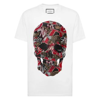 Philipp Plein Homme, Tops, Blanc, Taille: M T-Shirt Col Rond T&ecirc;te de Mort Strass
