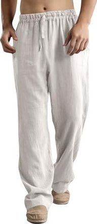Generic Pantalon blanc pour homme en lin pour homme, coupe ample, jambe droite, pantalon blanc, pantalon de plage, pantalon cargo d&eacute;t&eacute; l&eacute;ger pour homme, panta