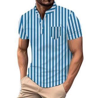 Generic T-shirt ray&eacute; pour homme d&eacute;contract&eacute; et tendance avec bouton et col montant., bleu ciel, XXL