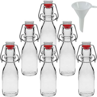 Viva Haushaltswaren 6 x kleine Glasflasche 100 ml mit Bügelverschluss aus Porzellan zum Befüllen, als kleine Likörflasche & Saftflasche verwendbar (inkl. Trichter Ø 5 cm)