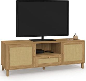 IDMarket Meuble TV 140 cm Vintage HANAE 3 Portes Effet Naturel cannage