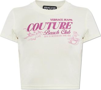 Versace Jeans Couture Femme, Tops, Beige, Taille: 40 FR T-shirt en jersey de coton imprim&eacute; et orn&eacute;