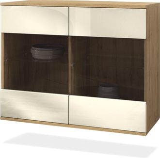 Vladon Kommode Bari V3, Moderner Küchenschrank mit 2 großen Glastüren Eiche Evoke/Creme Hochglanz (92,5 x 73.5 x 35)